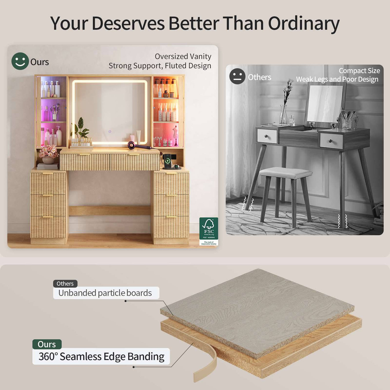 HAUOMS Vanity with 8 Drawers and Charging Station Fluted Makeup Vanity